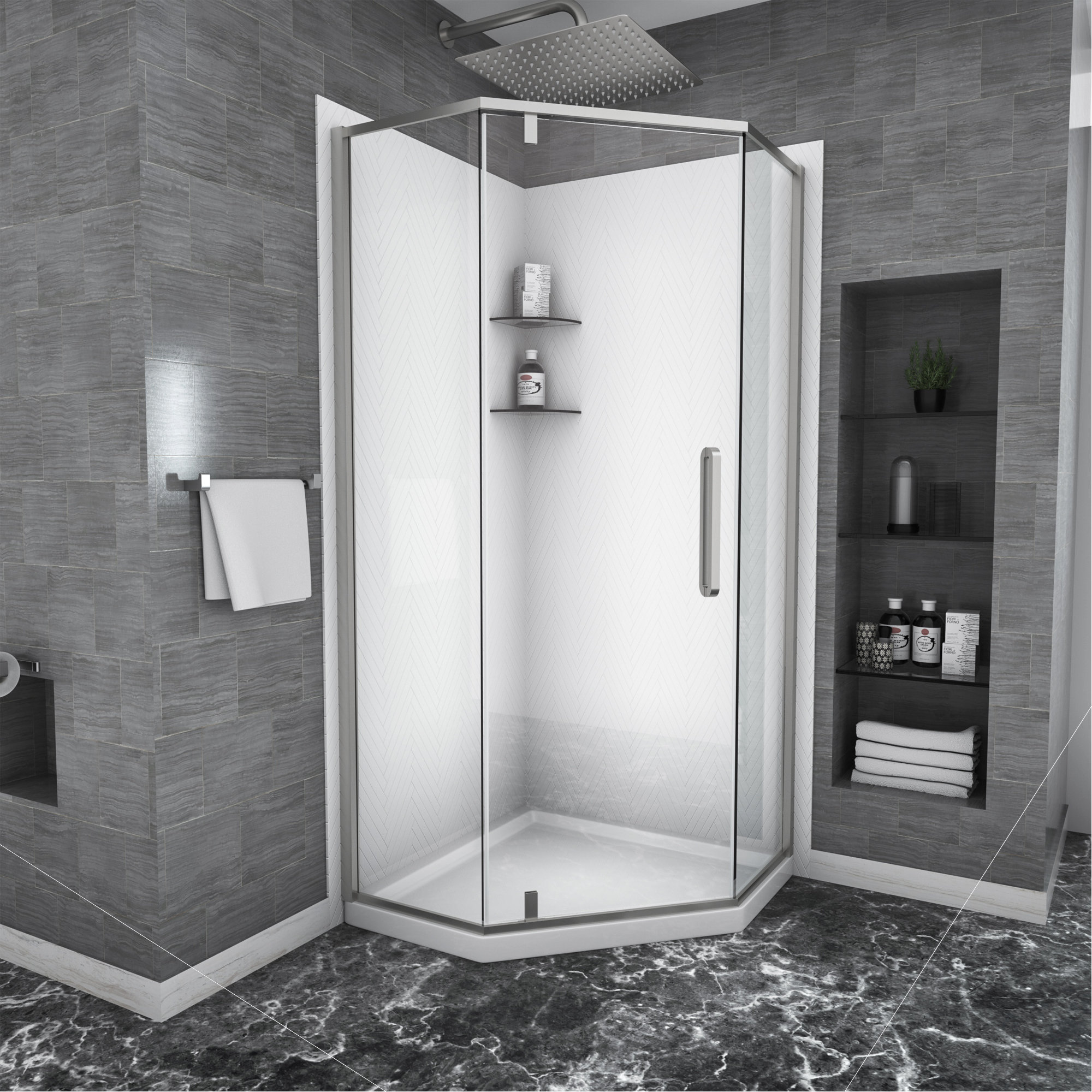 KUNMINGZHUHE Stylish Shower Door 34-1/8" X 72" Semi-Frameless Neo-Angle Hinged Shower Enclosure ...
